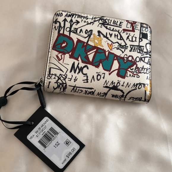 Dkny | Bags | Dkny Vela Small Zip Around Wallet White Faux Leather With ...
